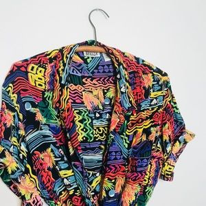 Vintage | Tops | Vintage Retro 9s Bright Print Button Up Popover | Poshmark